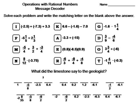 operations with rational numbers activity math message decoder