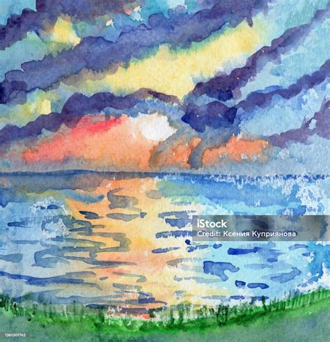 손으로 그린 바다 스케이프 수채화 스케치 녹색 유리와 풍경 바다 또는 바다 여름 파란색 빨간색 및 노란색 태양이 하늘을