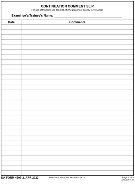 Da Form 4507 2 Continuation Comment Slip Free Online Forms