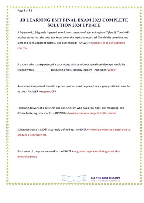 JB LEARNING EMT FINAL EXAM COMPLETE SOLUTION UPDATE JB LEARNING EMT Stuvia US