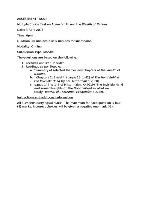Hpm Assessment Task 2 Prep Assessment Task 2 Multiple Choice Test On Adam Smith And The Wealth