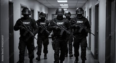 Actical Swat Team In Full Gear Advancing Through Corridor With Weapons