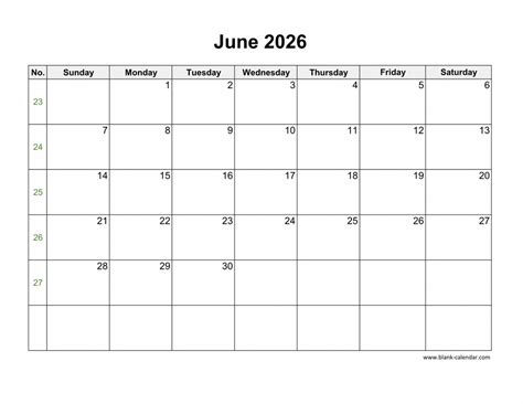 Blank June Calendar 2026 Printable Plan Your Summer Ahead — Calendars 123