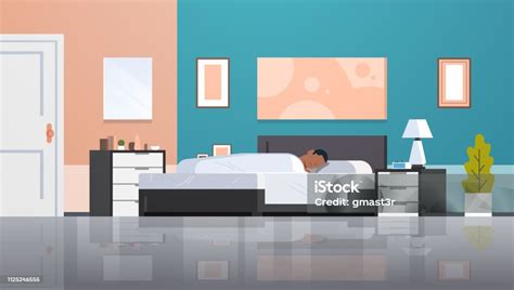사람이 침대에서 자 고 아침 침실 현대 아파트 인테리어 남성 만화 캐릭터 평면 가로 전체 길이에서 퀼트 게으른 아프리카계 미국인가 수 면으로 덮여 벡터에 대한 스톡 벡터