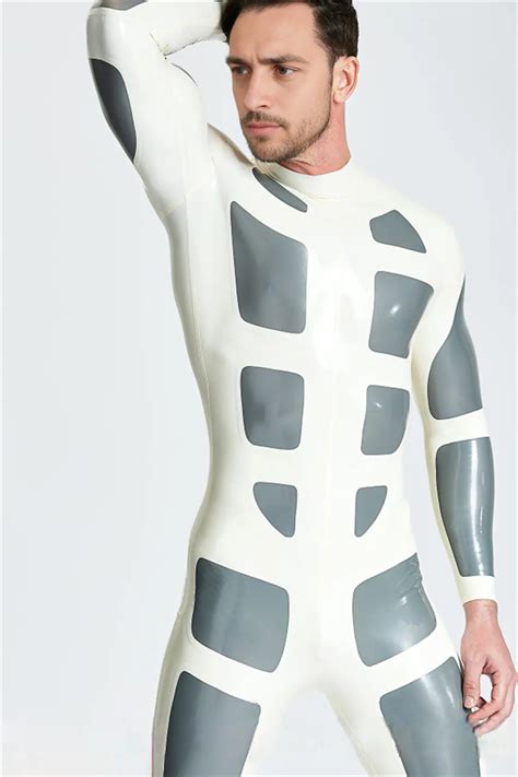 Male Silver Streak Rubber Catsuit Fashion Latex Clothing Uk
