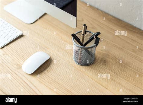 Close Up View Of Desktop Computer Keyboard Computer Mouse And Office Supplies At Workplace