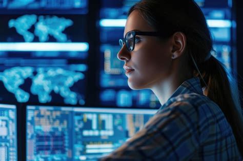 Premium Photo Close Up Shot Of Female IT Engineer Working In Monitoring Room She Works With