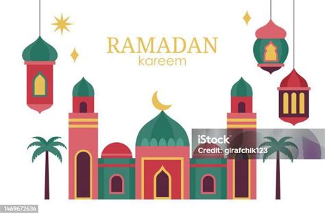 이슬람 라마단 카림 휴일 배너 디자인은 흰색 배경에 고립 된 모스크 돔 및 랜턴의 미니멀리스트입니다 벡터 그림 Ramadan
