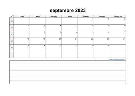 Calendrier Septembre 2023 à Imprimer