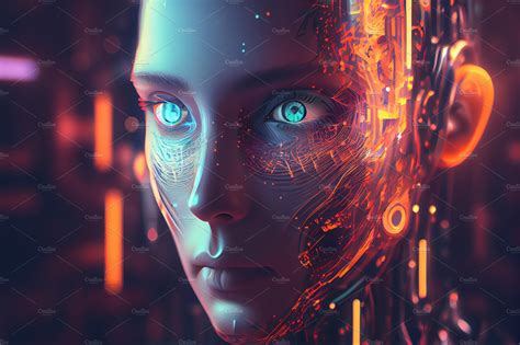 Artificial Intelligence Woman Cyborg Head With Artificial Neural Networks Brain Technology