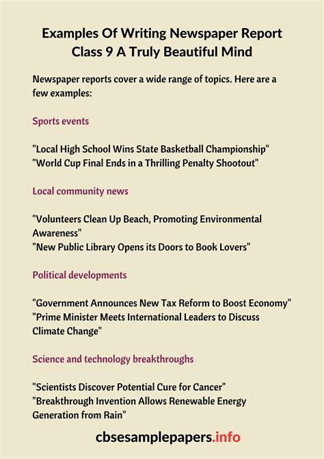 Writing Newspaper Report Class 9 A Truly Beautiful Mind Format