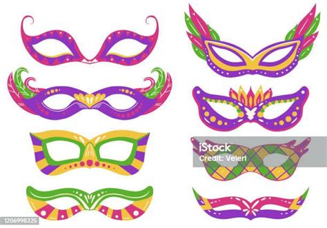 다양한 장식 마르디 그라 카니발 마스크의 집합입니다 플랫 핸드 그린 홀리데이 개체입니다 얼굴 을 위한 축제 드레싱 벡터 오브젝트 Mardi Gras에 대한 스톡 벡터 아트