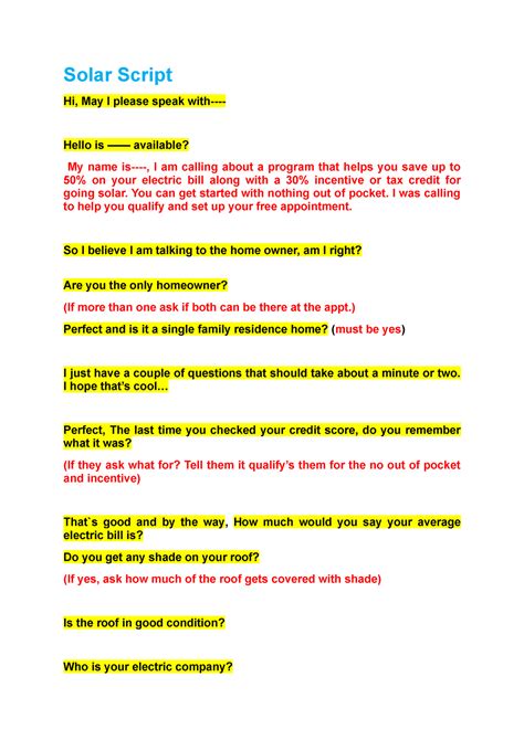 Script For Solar Assignments Solar Script Hi May I Please Speak With Hello Is —— Available