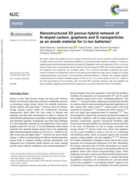 Pdf Nanostructured 3d Porous Hybrid Network Of N Doped Carbon Graphene And Si Nanoparticles