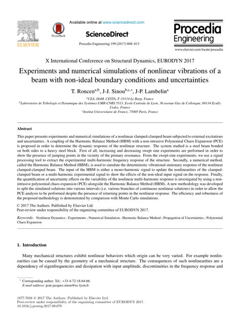 Pdf Experiments And Numerical Simulations Of Nonlinear Vibrations Of
