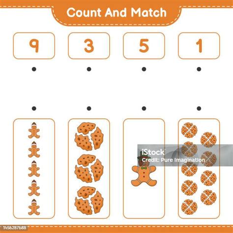 세고 일치시키고 쿠키 진저 브레드 맨의 수를 세고 올바른 숫자와 일치시킵니다 교육 어린이 게임 인쇄 워크시트 벡터 일러스트 레이 션 0명에 대한 스톡 벡터 아트 및 기타