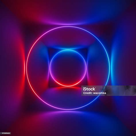 3d 렌더링 자외선 스펙트럼 빛나는 반지 원형 원형 네온 조명 추상 환각 평방 배경 입방 룸 복도 터널 관점 활기찬 색상 3차원 형태에 대한 스톡 사진 및 기타 이미지