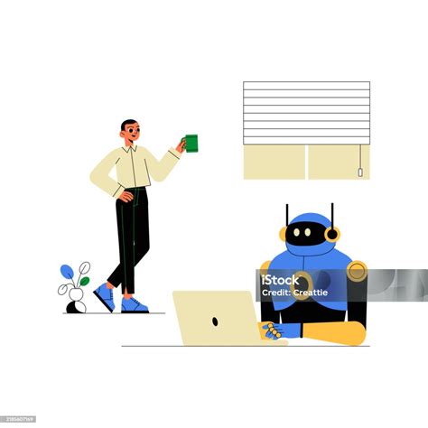 직장 기술 및 자동화를 상징하는 평면 벡터 일러스트 레이 션에서 커피 컵과 함께 노트북과 남성 캐릭터를 사용하는 로봇 직원 흰색 배경에 고립 된 개념에 대한 스톡 벡터 아트