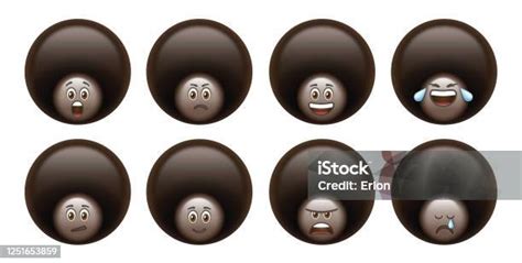 분노 슬픔 기쁨과 재미의 표현을 보여주는 아프리카 계 미국인 이모티콘 아이콘에 대한 스톡 벡터 아트 및 기타 이미지 아이콘