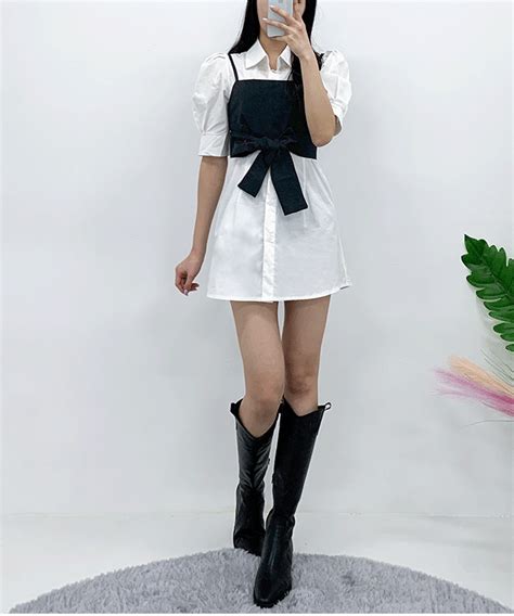 당일발송러블리룩1color 허브 리본 뷔스티에 셔츠 숏 미니 원피스 투피스 세트 Set 셔링원피스유니크독특한휴가룩바캉스시밀러룩나시원피스셔츠원피스투피스