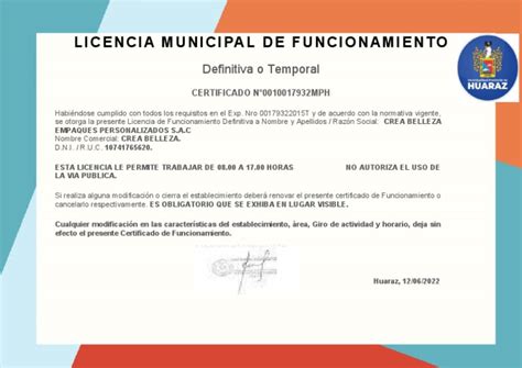 Licencia De Funcionamiento Crea Belleza Pdf