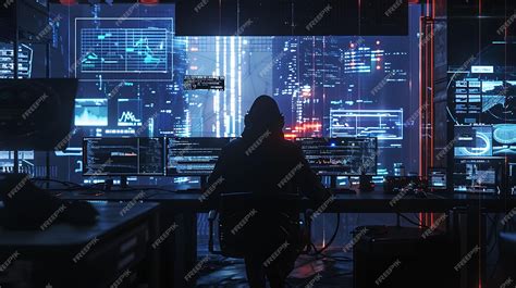 Premium Photo A Lone Hacker Sits In A Dark Room Surrounded By Glowing Computer Screens