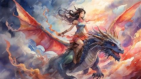 Watercolor Painting A Breathtaking Illustration Of A Female Dragon