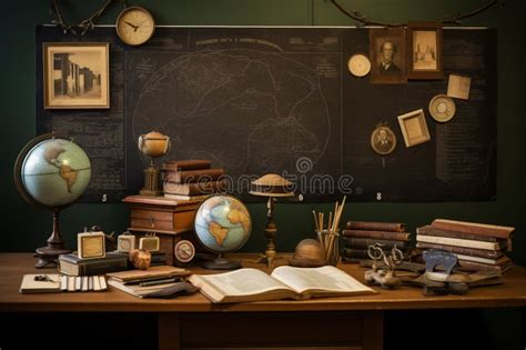 History Class With Chalkboard Books And Historical Artifacts