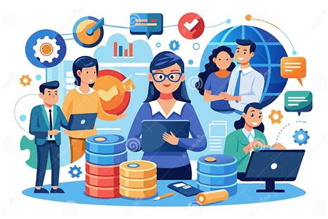 A Group Of Diverse Professionals Collaborates On Data Analysis Tasks Surrounded By Various