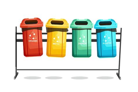 폐기물 분리 색깔 있는 쓰레기통에 재료와 종류별로 쓰레기를 분류합니다 쓰레기 벡터 인포그래픽을 분리하고 재활용합니다 쓰레기와 쓰레기 생태 쓰레기 재활용 그림