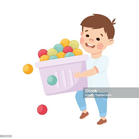 장난감 공으로 가득 찬 상자를 들고 놀이방에서 재미있는 벡터 일러스트레이션을 하는 행복한 소년 가득 찬에 대한 스톡 벡터 아트