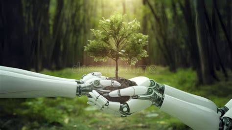 Robotic Hand Cradles Young Tree Merging Technology And Nature Stock