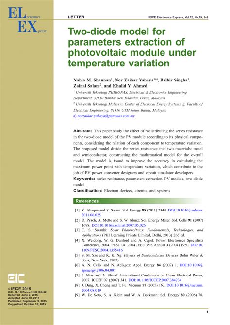 Pdf Two Diode Model For Parameters Extraction Of Photovoltaic Module