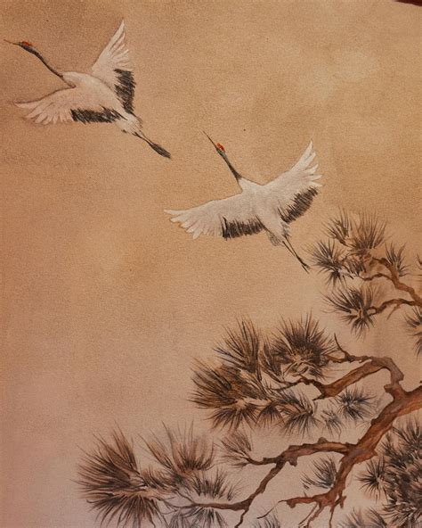 경치 고요한 그림 기중기 깃털 날개 대나무 솔 동양화 두루미 자포 네시스 문화적 미니멀리스트 미술 붉은