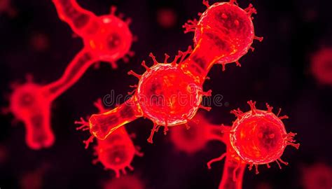 Close Up Visualization Of Red Virus Cells Dividing Under A Microscope Stock Illustration