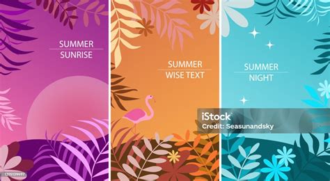 추상적인 여름 배경 디자인 세트 판매 배너 포스터 플랫 꽃 야자수 잎 플라밍고 홍학에 대한 스톡 벡터 아트 및 기타 이미지