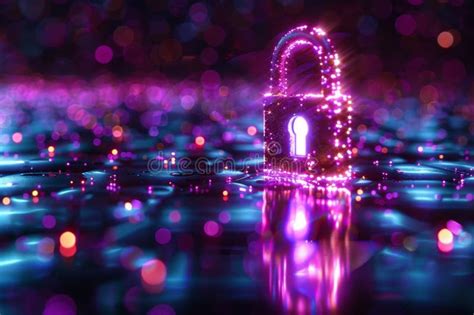 Json Neon Purple And Blue Data Leak Protection Image With Lock Symbol On Black Background Stock