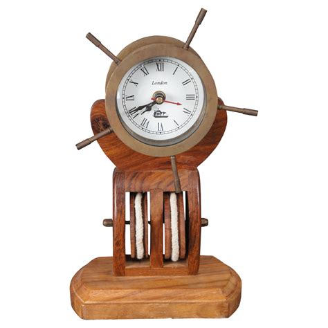Nautical Solid Brass Ship Wheel Clock On Wooden Pulley Maritime Display London For Sale At 1stdibs