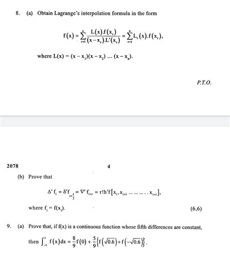 Solved 8 A Obtain Lagranges Interpolation Formula In The