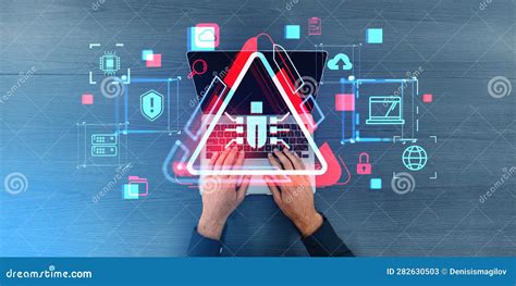 Man Hands Typing On Laptop With Bug And Virus Alert Icons Stock Image Image Of Search Laptop