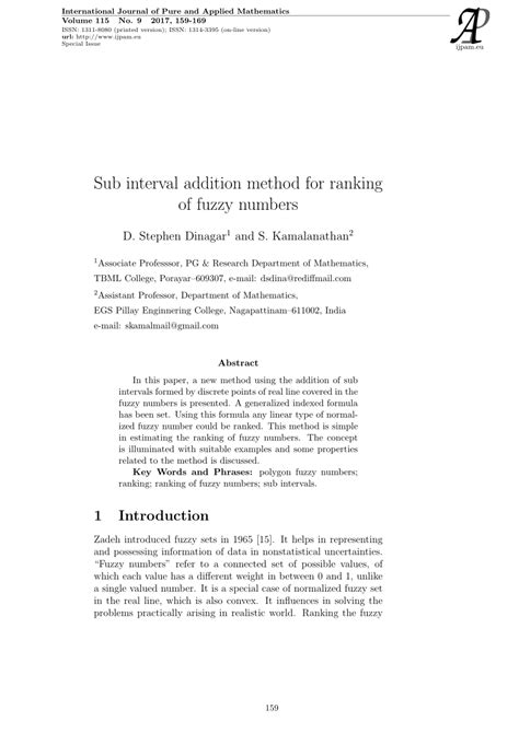 pdf sub interval addition method for ranking of fuzzy numbers