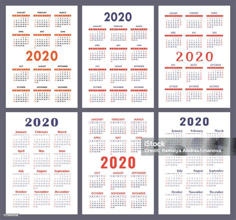 달력 2020 년 벡터 템플릿 컬렉션입니다 잉글리시 포켓 캘린더 세트 주 시작 일 0명에 대한 스톡 벡터 아트 및 기타 이미지