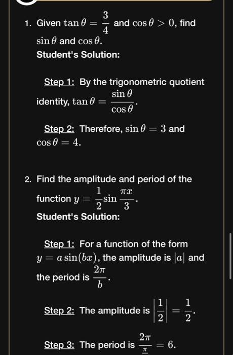 Solved Given tanθ and cosθ find sinθ and cosθ Chegg