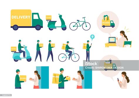 온라인 배달 서비스 개념에 대한 벡터 일러스트레이션 트럭 스쿠터 자전거 및 배달 남자 만화에 대한 스톡 벡터 아트 및 기타 이미지 Istock