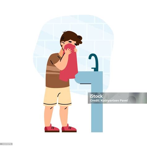 소년은 세탁 후 수건으로 얼굴을 닦아 고립 된 만화 벡터 일러스트 개수대에 대한 스톡 벡터 아트 및 기타 이미지 개수대 건강관리와 의술 건강한 생활방식 Istock