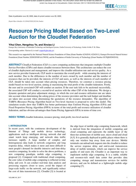 Pdf Resource Pricing Model Based On Two Level Auction For The Cloudlet Federation