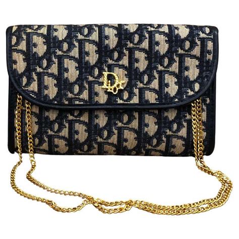 Vintage Christian Dior Large Trotter Jacquard Clutch Bag Navy For Sale