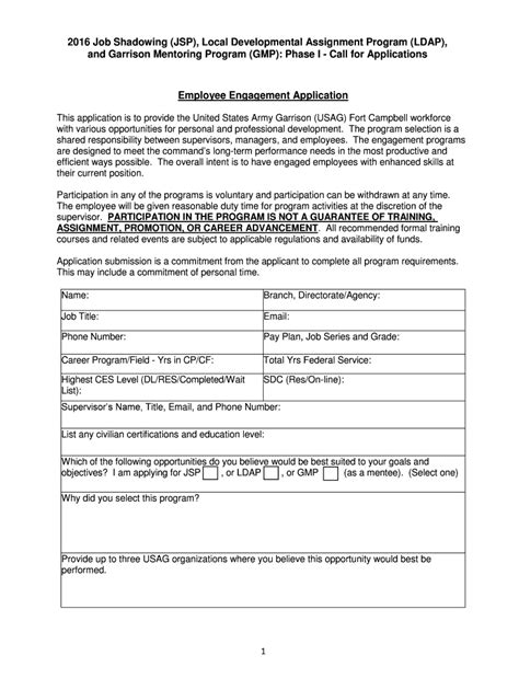 Fillable Online Campbell Army 2016 Job Shadowing Jsp Local