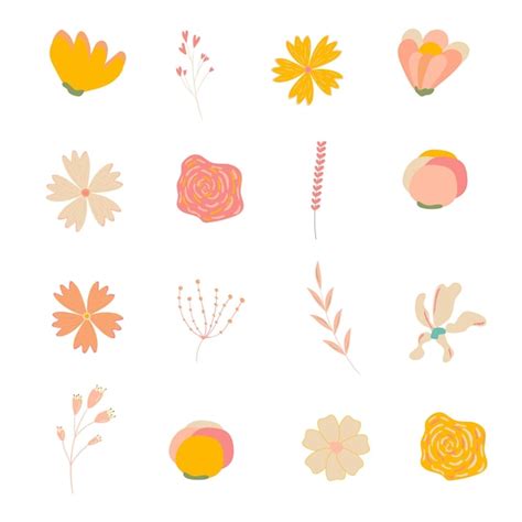 꽃과 잎 흰색 배경에 고립의 집합 프리미엄 벡터