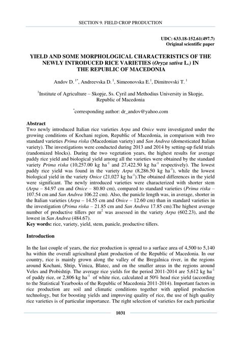 Pdf Yield And Some Morphological Characters Of The Newly Introduced Rice Varieties Oryza